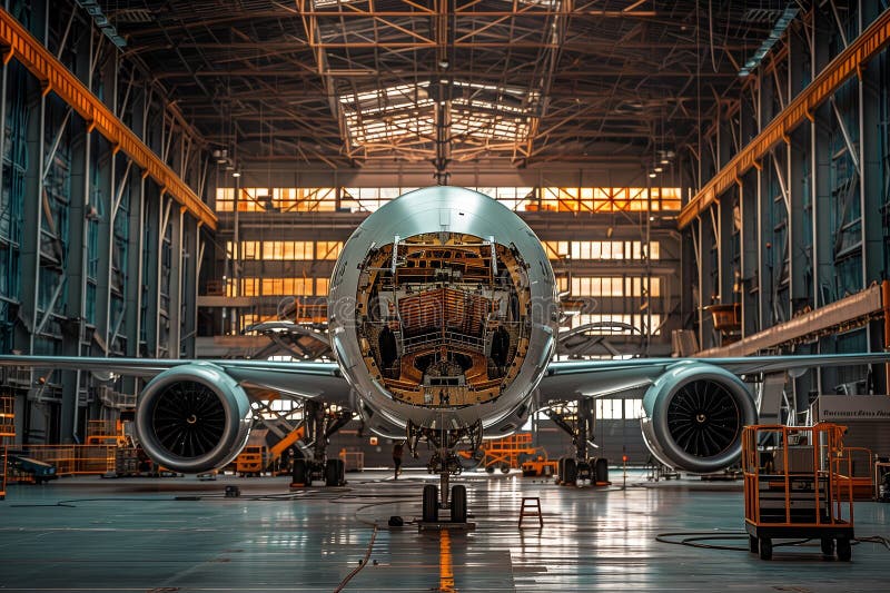 A Commercial Jetliner Parked Inside a Massive Hangar Stock Illustration ...