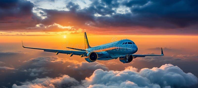 Commercial Jetliner Soaring Above Dramatic Sunset Clouds Embodying