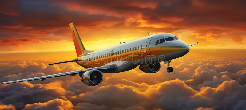 Commercial Jetliner Soaring Above Dramatic Sunset Clouds Travel And