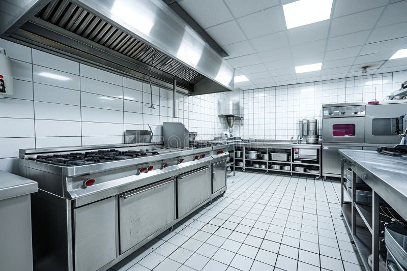A Commercial Kitchen with Stainless Steel Appliances and Tile Flooring ...