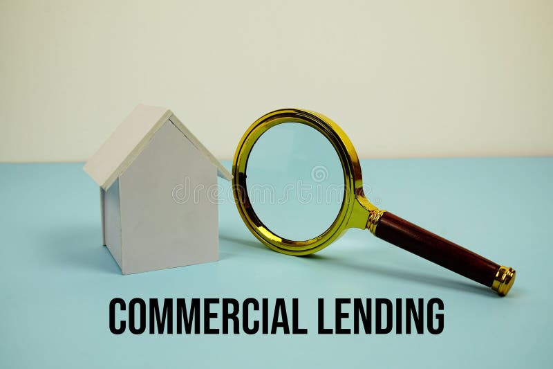 Commercial Lending Text with White Model House and Magnifying Glass on ...