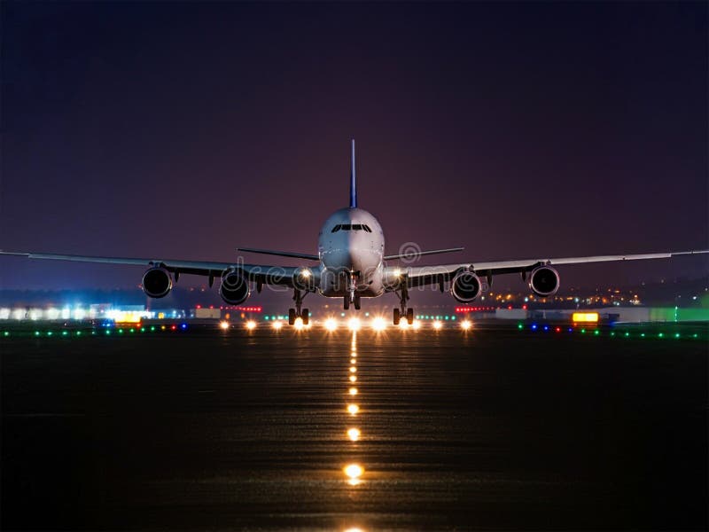 Commercial Passenger Plane Taking Off from the Airport Runway at Night ...