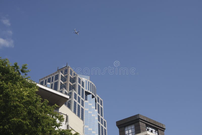 Commercial Plane Over Seattle Skyline Stock Image - Image of modern ...