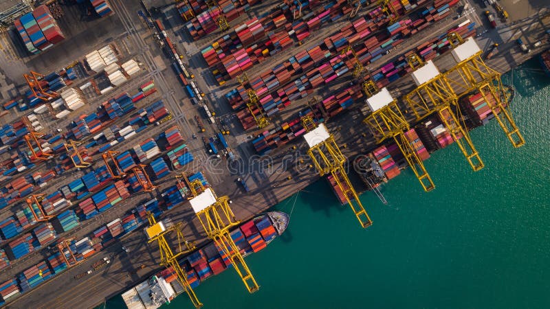 Commercial Port Load and Unloading Cargo from Container Ship Import and ...