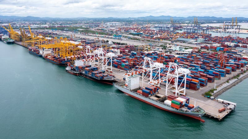 Commercial Port Load and Unloading Cargo from Container Ship Import and ...