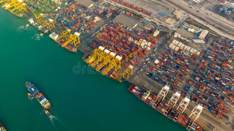 Commercial Port Load and Unloading Cargo from Container Ship Import and ...