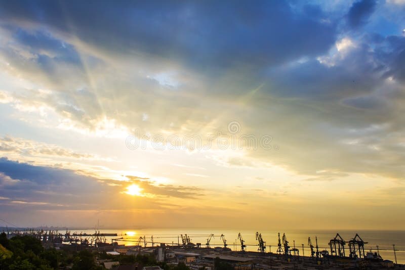 Commercial Port and the Sea at Sunrise or Sunset Stock Image - Image of ...