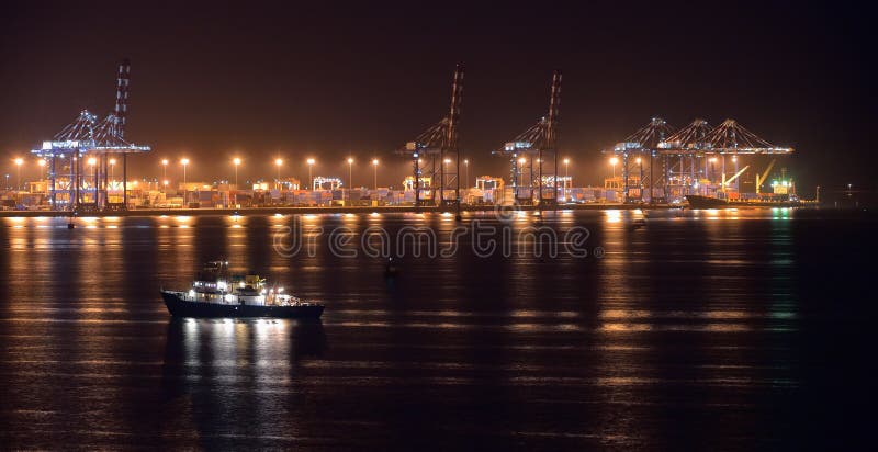 Night View of a Container Terminal. Stock Image - Image of delivery ...
