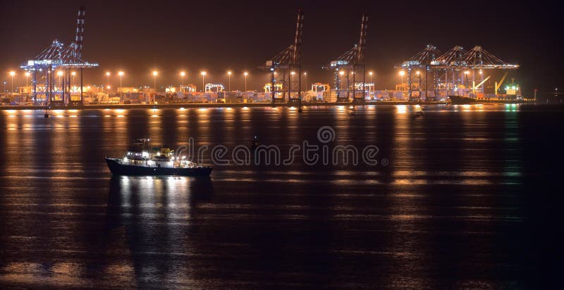Commercial Port View at Night Stock Image - Image of night, warehouse ...