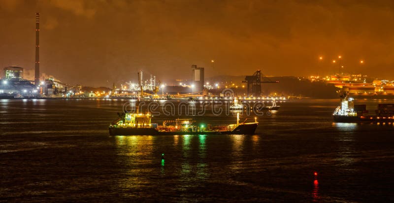 Commercial Port View at Night Stock Image - Image of shipping, dusk ...