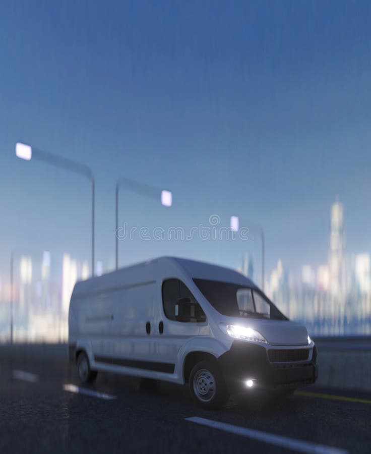 Commercial Van Driving in a City at Night 3d Render Stock Illustration ...