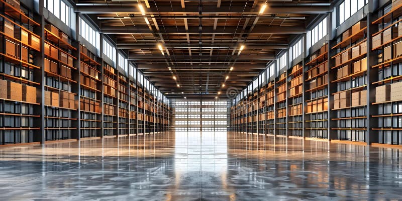 Commercial Warehouse with High Shelves Low Angle View Showcasing ...