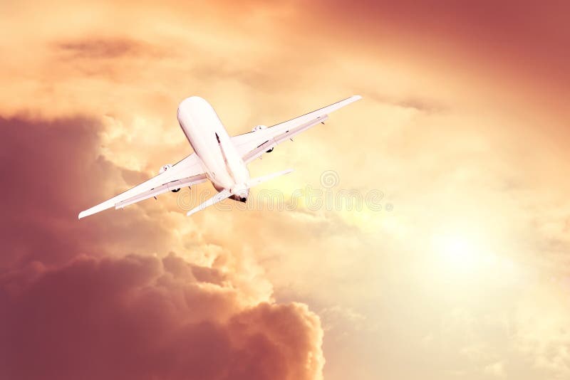 Commerical Passenger Plane Fly Down Over Take-off at Sunset Stock Image ...