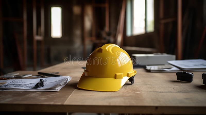 A Commitment To Safety, Yellow Helmet on Construction Project Desk ...