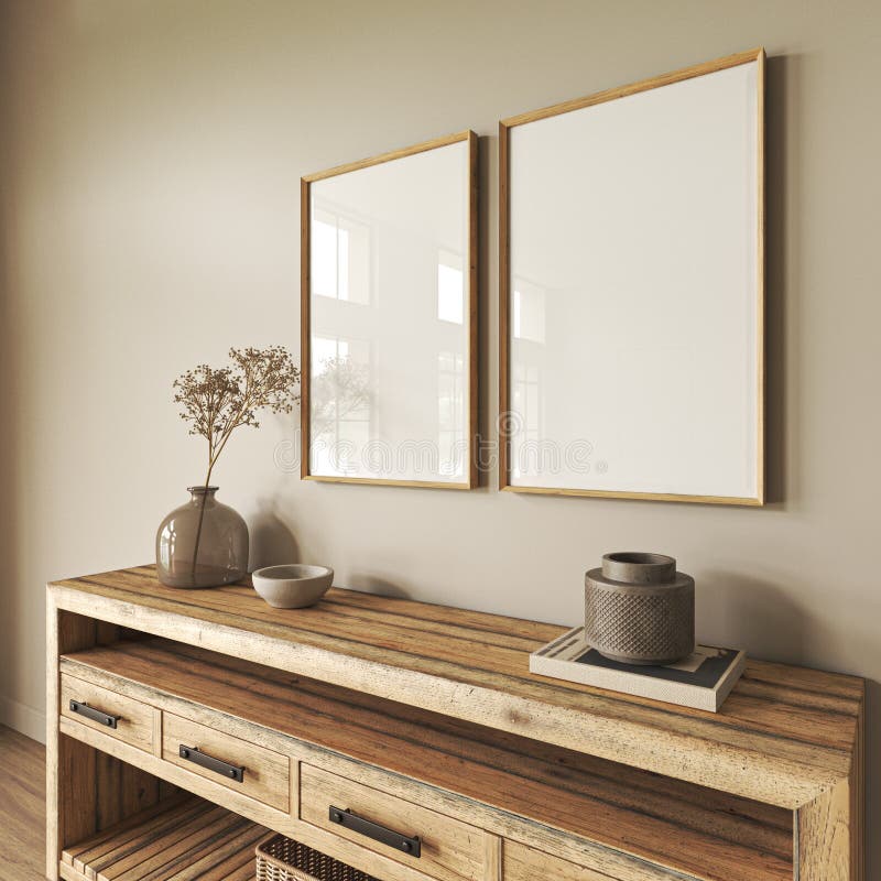 Commode with Decor in Farmhouse Living Room Interior. Light Beige Wall ...