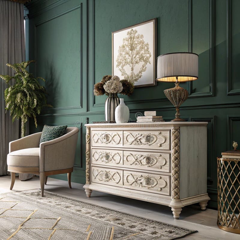 Commode with Decor in Living Room Interior, Dark Green Wall Mock Up ...