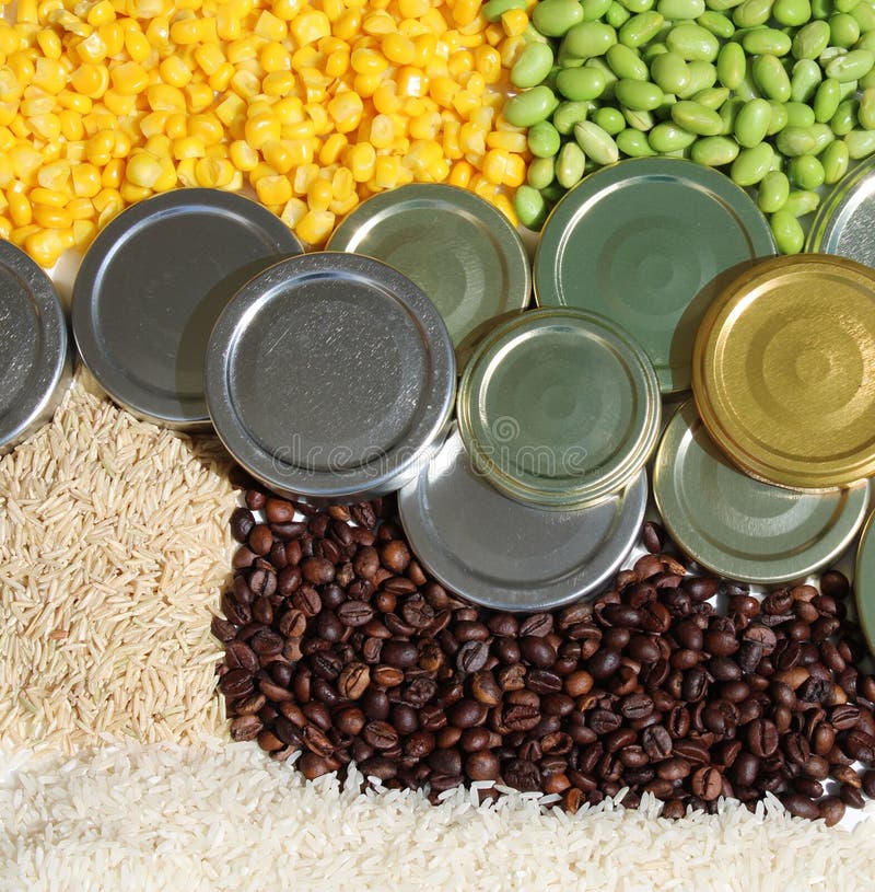 Commodities Picture with Coffee Beans, Metal Lid, Corn, Full Grain Rice ...