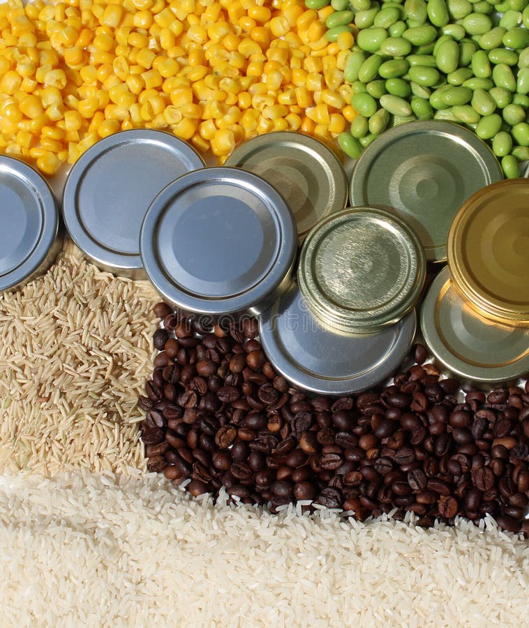 Commodity Close Up with Coffee Bean, Metal Lids, Corn, Full Grain Rice ...