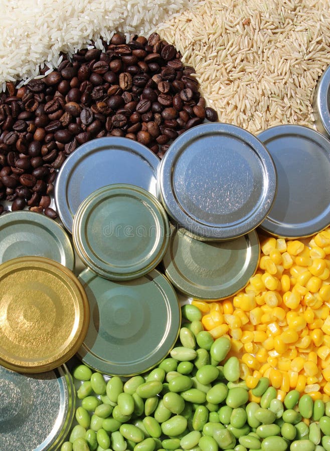Commodity Goods with Coffee Beans, Metal Lids, Corn, Full Grain Rice ...