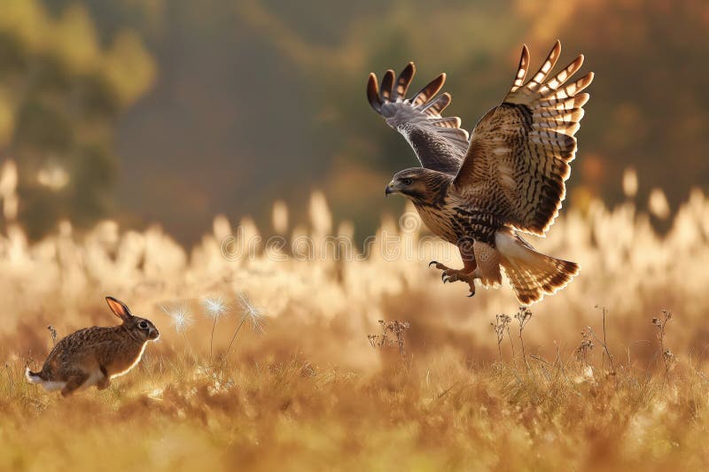 Common Buzzard Hunting a Rabbit in a Meadow at Sunset Stock Image ...