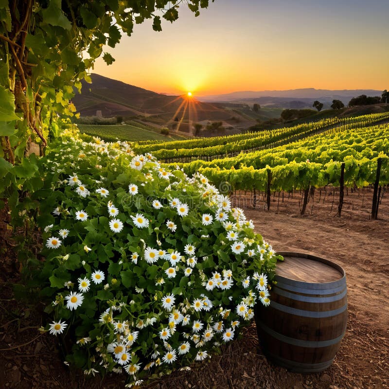 Margarita Flor (Common Daisy)in a Peaceful Hillside Vineyard with Rows ...