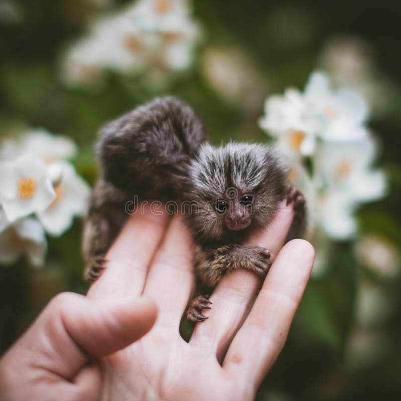 The Common Marmoset Babies in Summer Garden on Human Hand Stock Photo ...