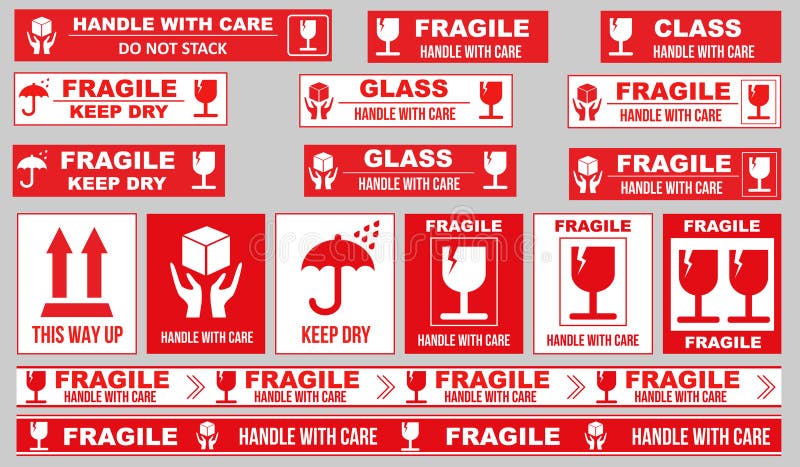Common Packaging, Warning Symbol Set. Red White Flat Style Icons with ...