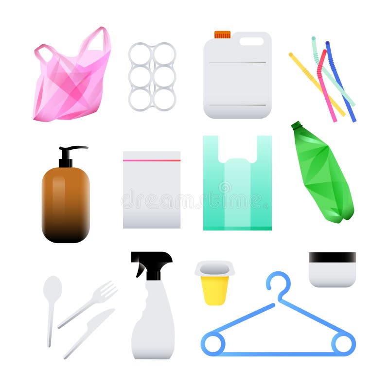 Common Plastic Waste Items. Vector Illustration, Realistic Style Stock ...