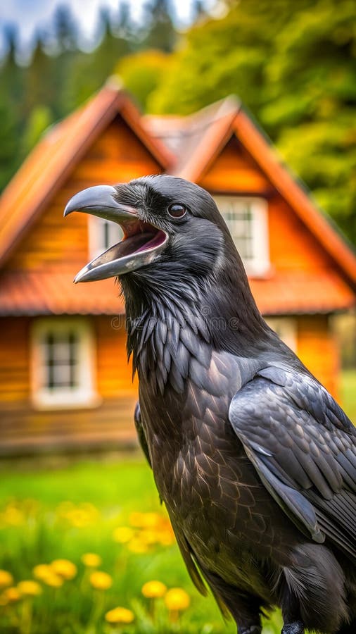 Common Raven Bird Laughs House Stock Illustration - Illustration of ...