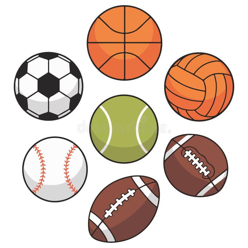 Common Sports Balls in a Solid Black Outline on a White Background ...