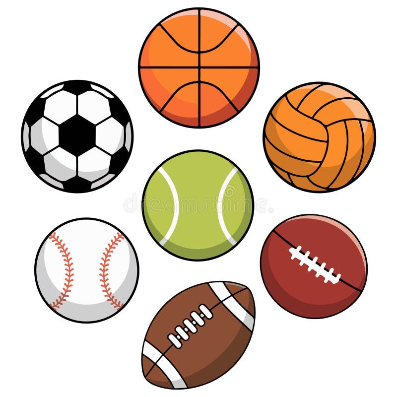 Common Sports Balls in a Solid Black Outline on a White Background ...