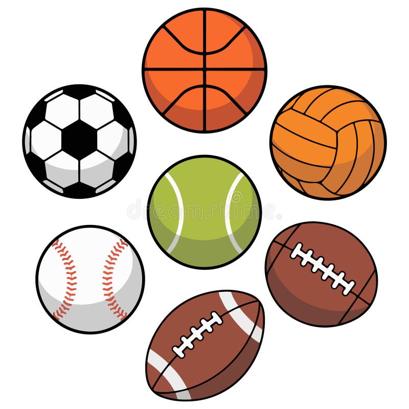 Common Sports Balls in a Solid Black Outline on a White Background ...