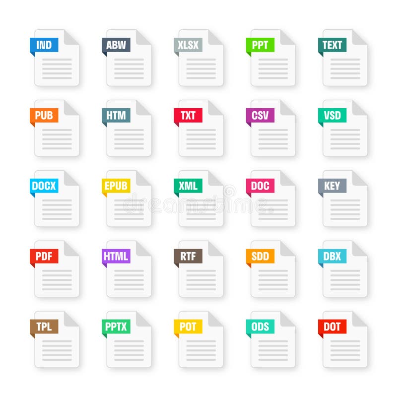 Common System File Formats. Document Types and Extensions. Flat Style Icons Collection Stock ...