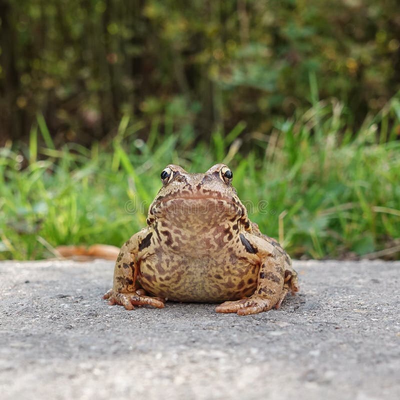 Common Water Frog on the Pavement. Front View Stock Image - Image of ...