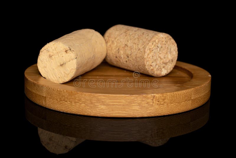 Common Wine Cork Isolated on Black Glass Stock Photo - Image of glass ...