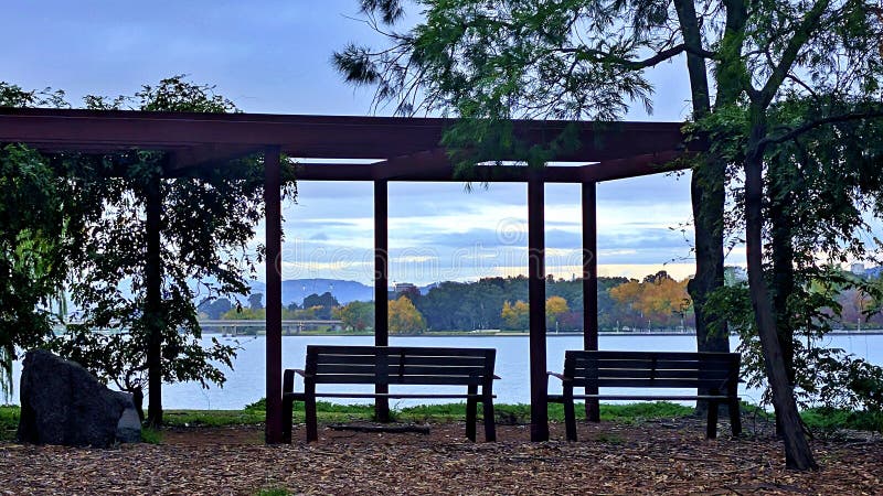 Commonwealth Park Shade Structure with Seating at Dawn, Canberra ...