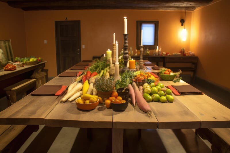 Communal Dining Table, Filled with the Bounty of Local Ingredients ...