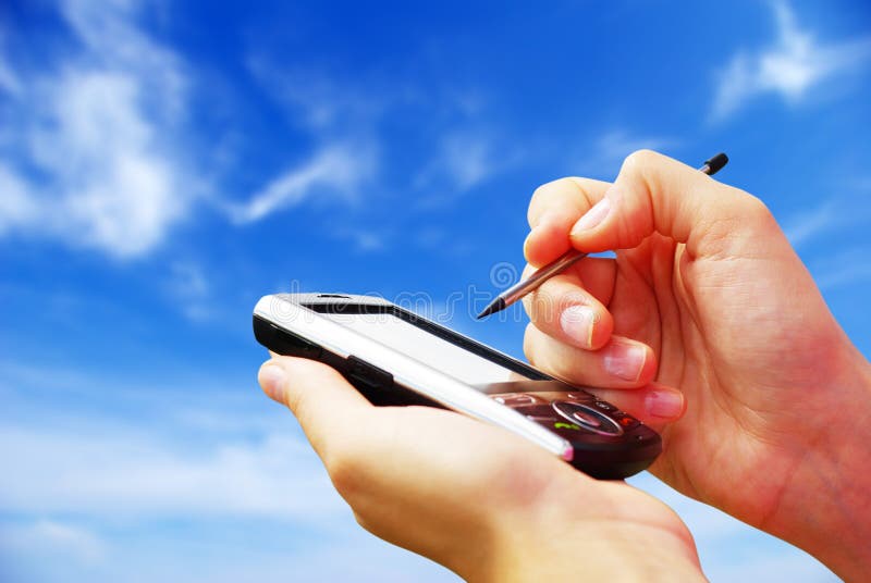 Mains de communicateur image stock. Image du neuf, poche - 7594309