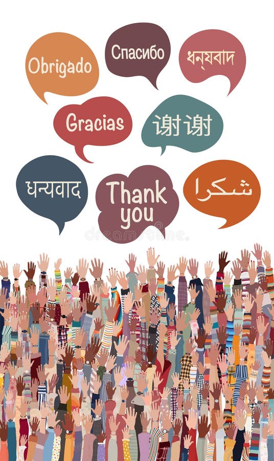 Raised Hands of People from Different Nations with Speech Bubbles with ...