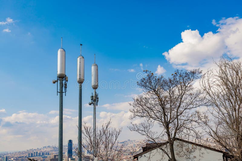 Communication Antenna Transmitter. Telecommunication Tower. Wireless 3G ...