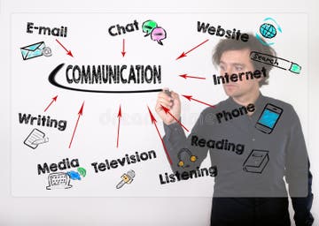 Communication Concept. Businessman Writing with Black Marker on Stock ...