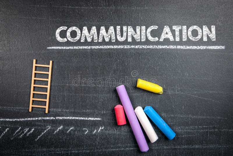 Communication Concept. Colored Pieces of Chalk and Text on a Dark Chalkboard Background Stock ...