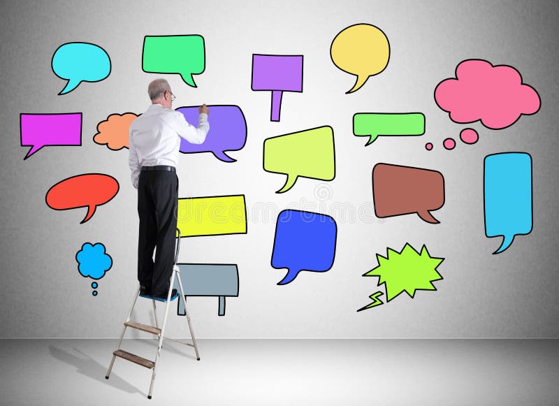 Communication Concept Drawn by a Man on a Ladder Stock Illustration ...