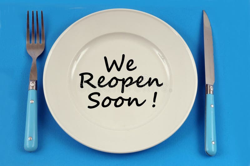 Plate on a Blue Background in Which is Written we Reopen Soon Stock ...