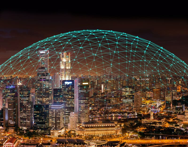 Communication Connection Network Dome Shaped Above City Skylilne at ...
