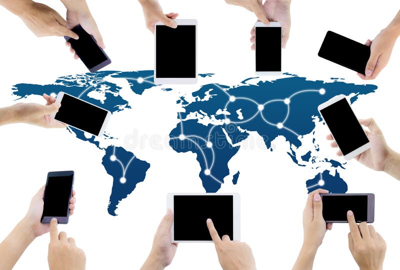 Communication Connection with World Map of Digital Devices with Hand ...