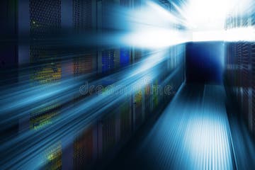 Communication Equipment Room with Lighting in the Data Center with Blur ...