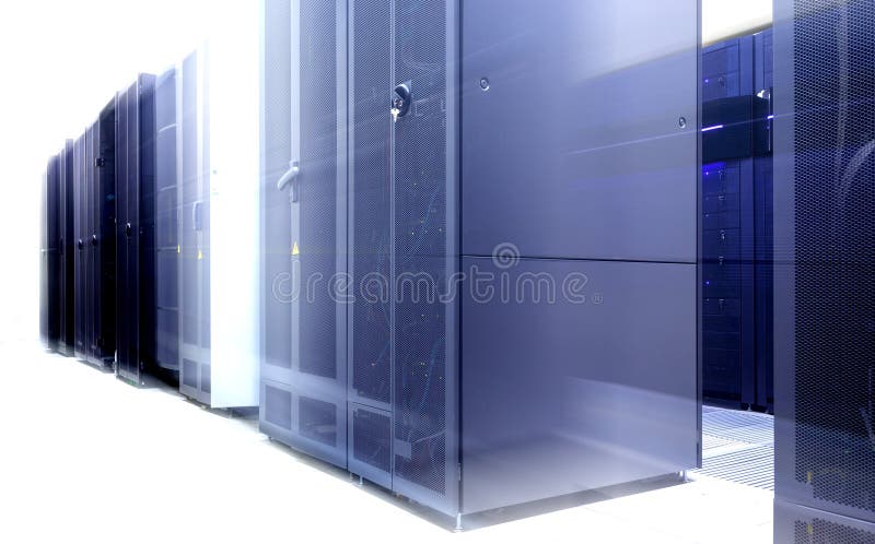 Communication Equipment Room with Lighting in the Data Center with Blur ...