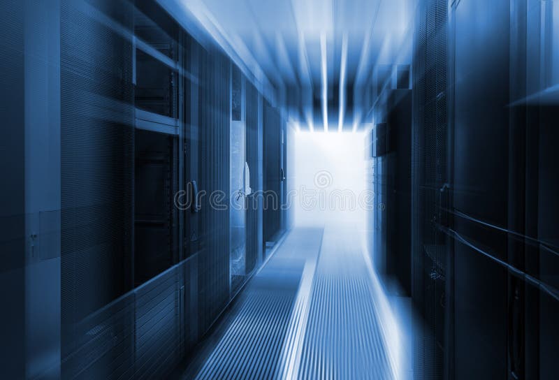 Communication Equipment Room with Lighting in Data Center with Blur and ...