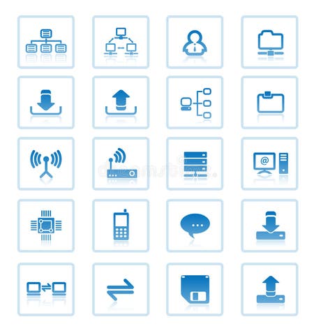 Network Computer Server Hardware Icons Set File Sharing Folder Upload ...